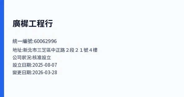 廣樨工程行的照片-統編 60062996(新北市) 公司登記資料與營業項目詳細圖表