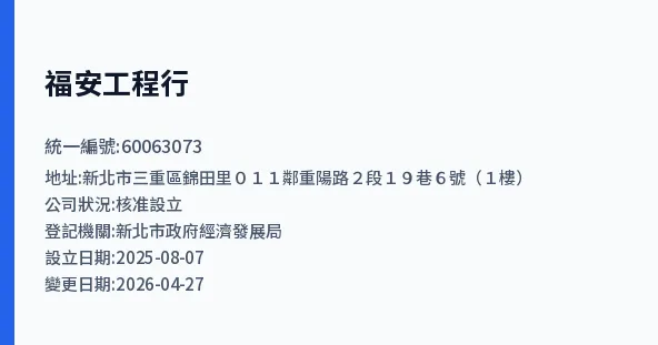 福安工程行的照片-統編 60063073(新北市) 公司登記資料與營業項目詳細圖表