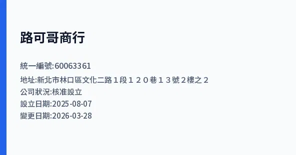 路可哥商行的照片-統編 60063361(新北市) 公司登記資料與營業項目詳細圖表
