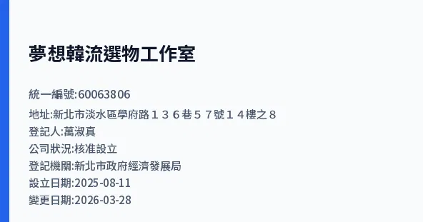 夢想韓流選物工作室的照片-統編 60063806(新北市) 公司登記資料與營業項目詳細圖表
