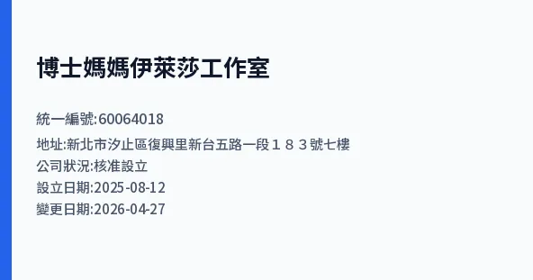 博士媽媽伊萊莎工作室的照片-統編 60064018(新北市) 公司登記資料與營業項目詳細圖表