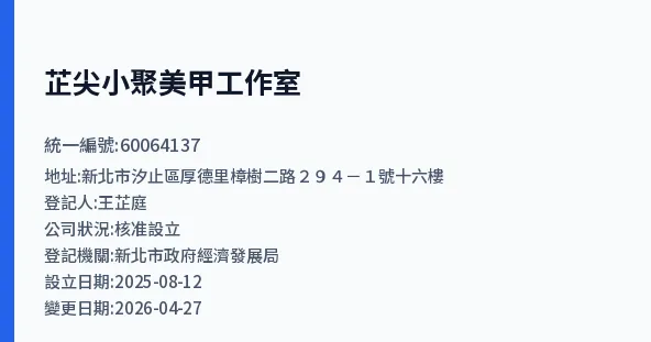 芷尖小聚美甲工作室的照片-統編 60064137(新北市) 公司登記資料與營業項目詳細圖表