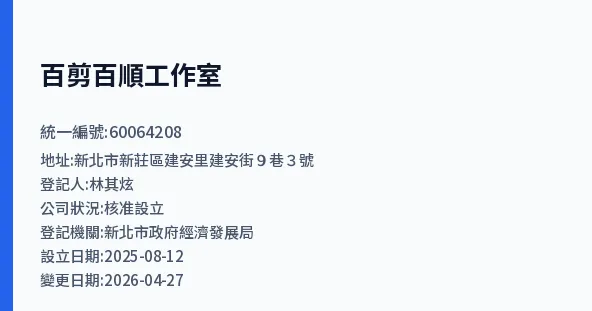 百剪百順工作室的照片-統編 60064208(新北市) 公司登記資料與營業項目詳細圖表