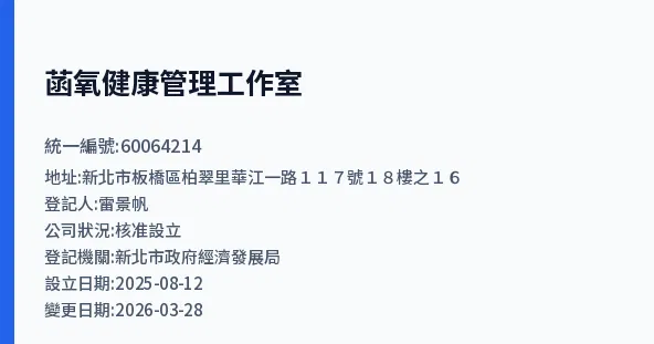 菡氧健康管理工作室的照片-統編 60064214(新北市) 公司登記資料與營業項目詳細圖表