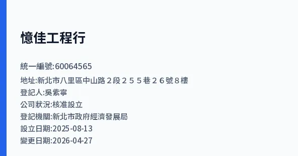 憶佳工程行的照片-統編 60064565(新北市) 公司登記資料與營業項目詳細圖表