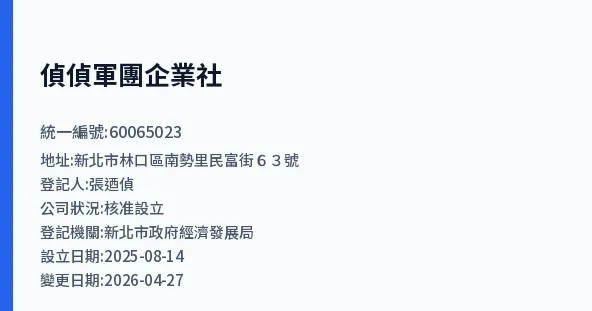 偵偵軍團企業社的照片-統編 60065023(新北市) 公司登記資料與營業項目詳細圖表