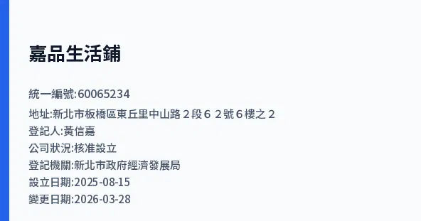 嘉品生活鋪的照片-統編 60065234(新北市) 公司登記資料與營業項目詳細圖表