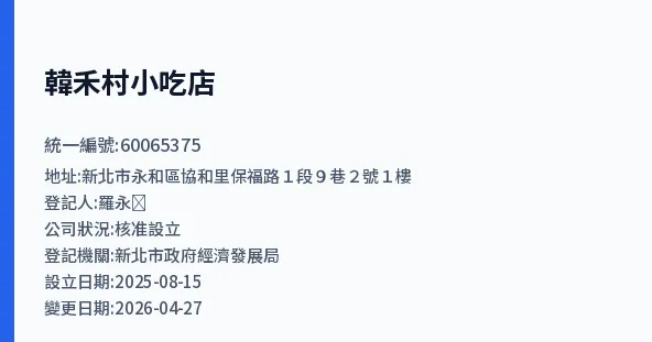 韓禾村小吃店的照片-統編 60065375(新北市) 公司登記資料與營業項目詳細圖表
