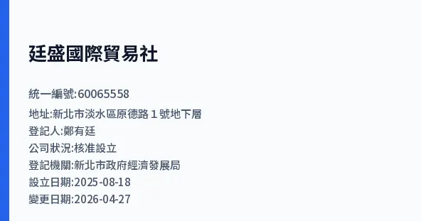 廷盛國際貿易社的照片-統編 60065558(新北市) 公司登記資料與營業項目詳細圖表
