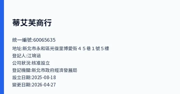 蒂艾芙商行的照片-統編 60065635(新北市) 公司登記資料與營業項目詳細圖表