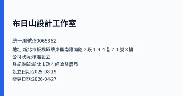 布日山設計工作室的照片-統編 60065852(新北市) 公司登記資料與營業項目詳細圖表