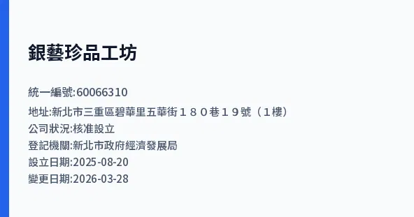 銀藝珍品工坊的照片-統編 60066310(新北市) 公司登記資料與營業項目詳細圖表