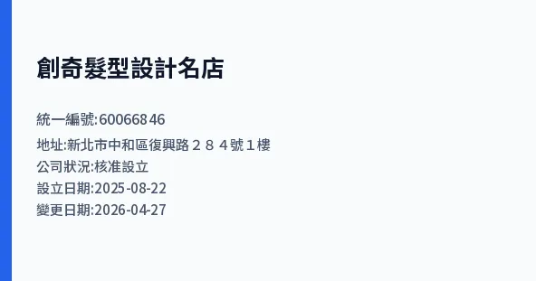 創奇髮型設計名店的照片-統編 60066846(新北市) 公司登記資料與營業項目詳細圖表