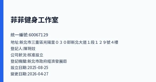 菲菲健身工作室的照片-統編 60067129(新北市) 公司登記資料與營業項目詳細圖表