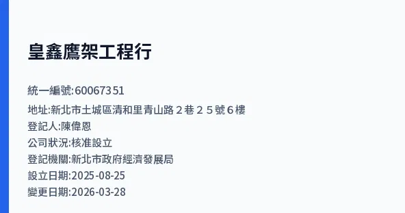 皇鑫鷹架工程行的照片-統編 60067351(新北市) 公司登記資料與營業項目詳細圖表