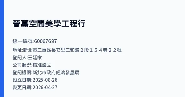 晉嘉空間美學工程行的照片-統編 60067697(新北市) 公司登記資料與營業項目詳細圖表