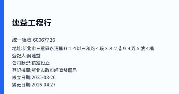 連益工程行的照片-統編 60067726(新北市) 公司登記資料與營業項目詳細圖表