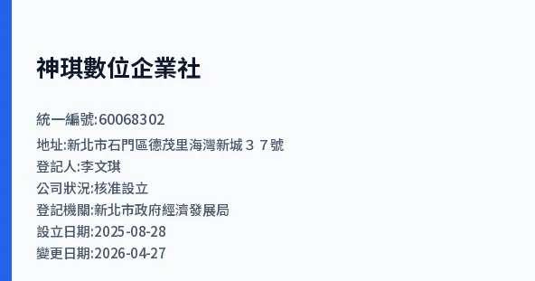 神琪數位企業社的照片-統編 60068302(新北市) 公司登記資料與營業項目詳細圖表