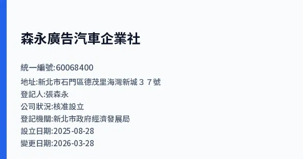 森永廣告汽車企業社的照片-統編 60068400(新北市) 公司登記資料與營業項目詳細圖表