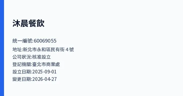 沐晨餐飲的照片-統編 60069055(新北市) 公司登記資料與營業項目詳細圖表