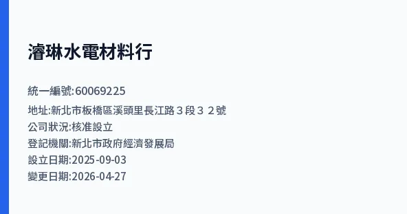 濬琳水電材料行的照片-統編 60069225(新北市) 公司登記資料與營業項目詳細圖表