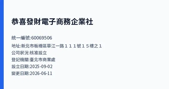 恭喜發財電子商務企業社的照片-統編 60069506(新北市) 公司登記資料與營業項目詳細圖表