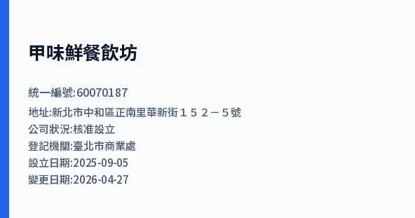 甲味鮮餐飲坊的照片-統編 60070187(新北市) 公司登記資料與營業項目詳細圖表