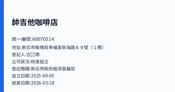 帥吉他咖啡店的照片-統編 60070314(新北市) 公司登記資料與營業項目詳細圖表