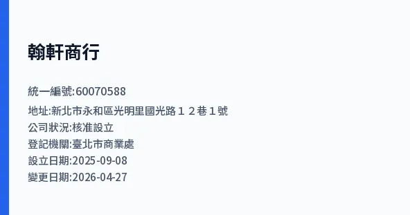 翰軒商行的照片-統編 60070588(新北市) 公司登記資料與營業項目詳細圖表