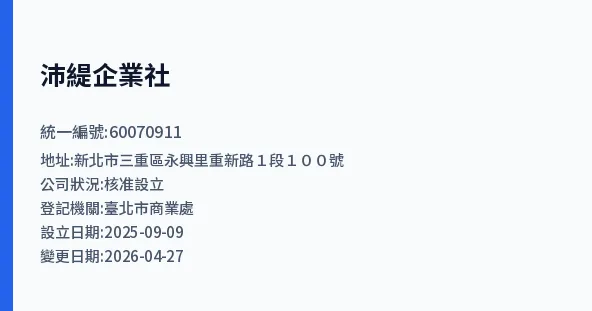 沛緹企業社的照片-統編 60070911(新北市) 公司登記資料與營業項目詳細圖表