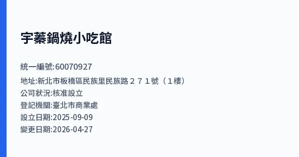 宇蓁鍋燒小吃館的照片-統編 60070927(新北市) 公司登記資料與營業項目詳細圖表