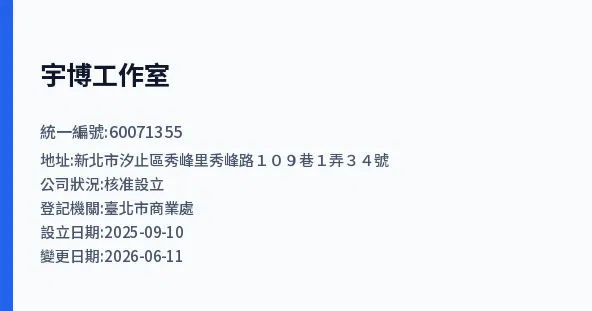 宇博工作室的照片-統編 60071355(新北市) 公司登記資料與營業項目詳細圖表