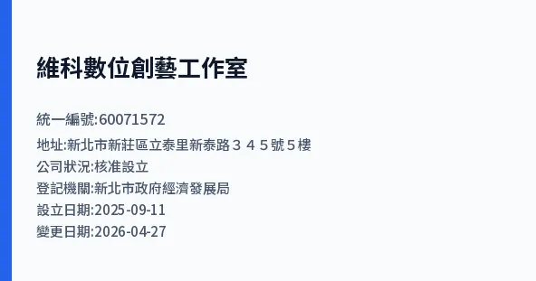 維科數位創藝工作室的照片-統編 60071572(新北市) 公司登記資料與營業項目詳細圖表