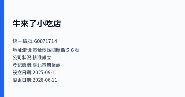 牛來了小吃店的照片-統編 60071714(新北市) 公司登記資料與營業項目詳細圖表