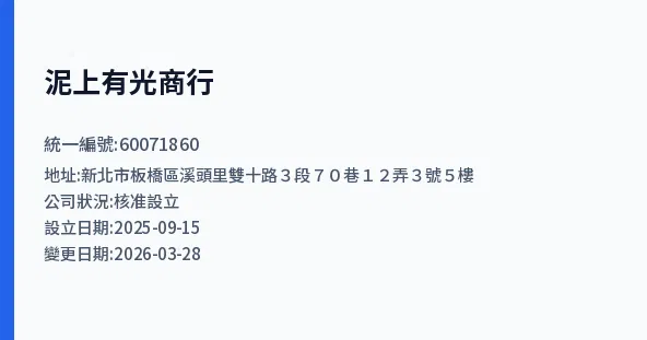 泥上有光商行的照片-統編 60071860(新北市) 公司登記資料與營業項目詳細圖表