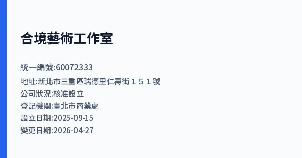 合境藝術工作室的照片-統編 60072333(新北市) 公司登記資料與營業項目詳細圖表