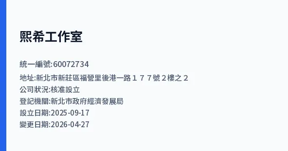 熙希工作室的照片-統編 60072734(新北市) 公司登記資料與營業項目詳細圖表