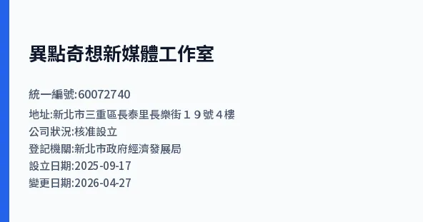 異點奇想新媒體工作室的照片-統編 60072740(新北市) 公司登記資料與營業項目詳細圖表
