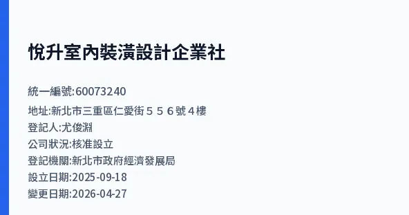 悅升室內裝潢設計企業社的照片-統編 60073240(新北市) 公司登記資料與營業項目詳細圖表