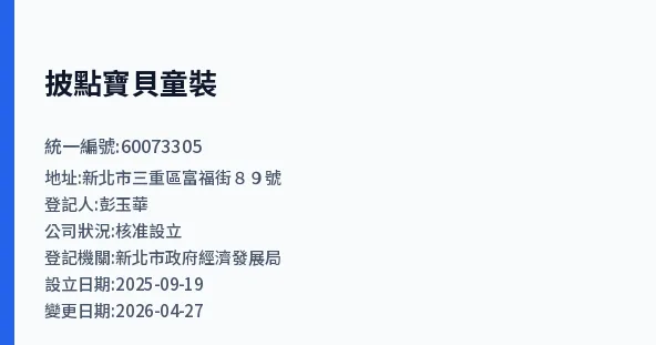 披點寶貝童裝的照片-統編 60073305(新北市) 公司登記資料與營業項目詳細圖表