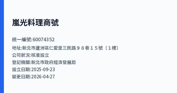 嵐光料理商號的照片-統編 60074352(新北市) 公司登記資料與營業項目詳細圖表