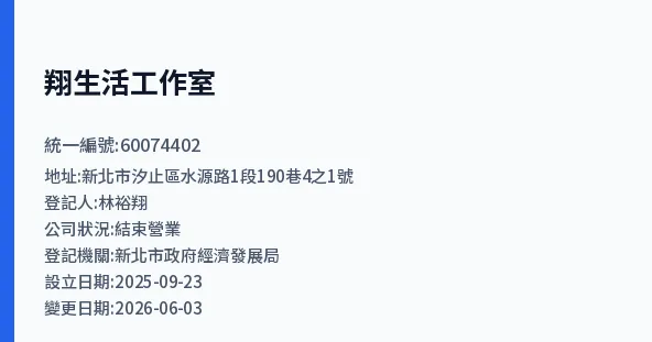 翔生活工作室的照片-統編 60074402(新北市) 公司登記資料與營業項目詳細圖表