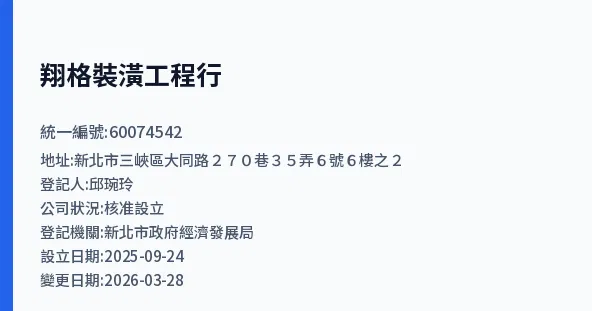 翔格裝潢工程行的照片-統編 60074542(新北市) 公司登記資料與營業項目詳細圖表