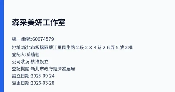 森采美妍工作室的照片-統編 60074579(新北市) 公司登記資料與營業項目詳細圖表