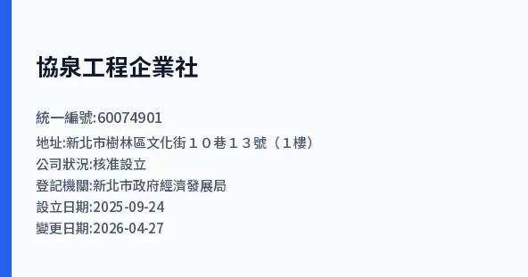 協泉工程企業社的照片-統編 60074901(新北市) 公司登記資料與營業項目詳細圖表