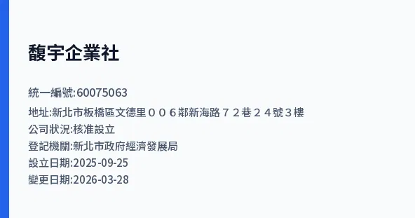 馥宇企業社的照片-統編 60075063(新北市) 公司登記資料與營業項目詳細圖表
