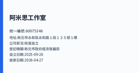 阿米思工作室的照片-統編 60075346(新北市) 公司登記資料與營業項目詳細圖表