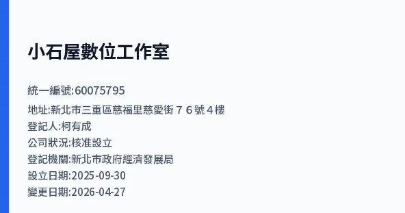 小石屋數位工作室的照片-統編 60075795(新北市) 公司登記資料與營業項目詳細圖表