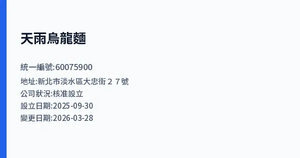 天雨烏龍麵的照片-統編 60075900(新北市) 公司登記資料與營業項目詳細圖表