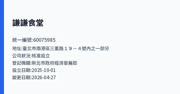 謙謙食堂的照片-統編 60075985(臺北市) 公司登記資料與營業項目詳細圖表